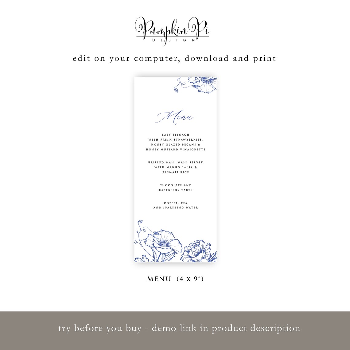Something Blue Menu Template, Blue and White Floral Menu, Printable ...