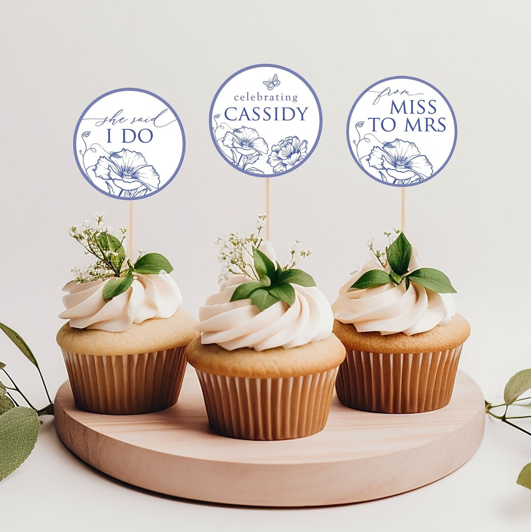 Something Blue Cupcake Toppers, Blue and White Bridal Shower Cupcake ...