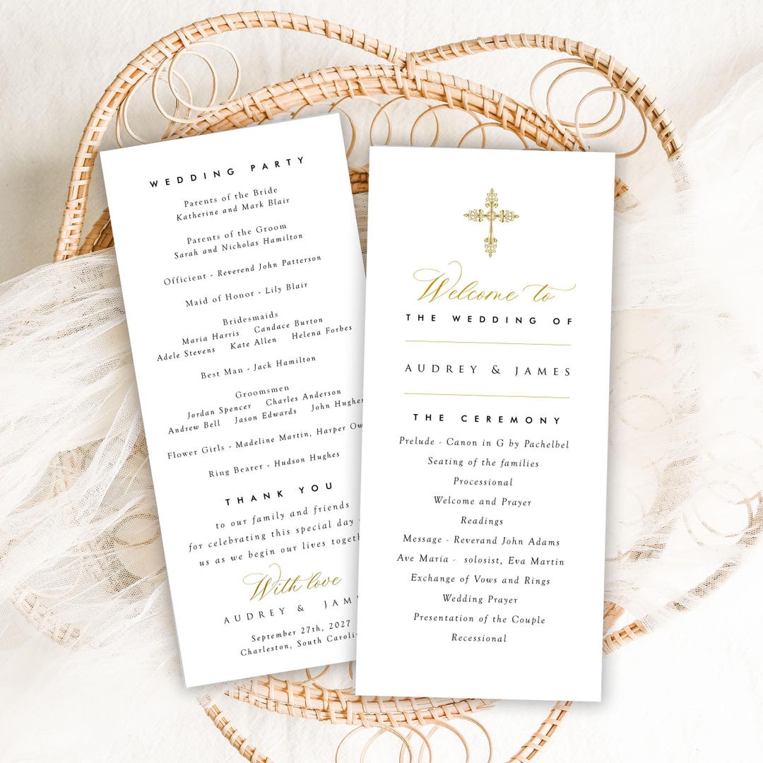 Gold Cross Wedding Program Template, Gold and Black, Minimalist Wedding ...