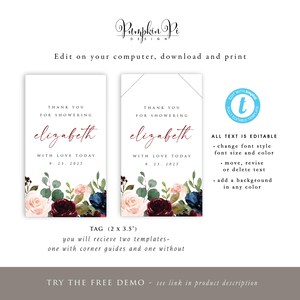 Favor Tag, Navy, Burgundy and Blush, Gift Tag Template, Bridal Shower ...