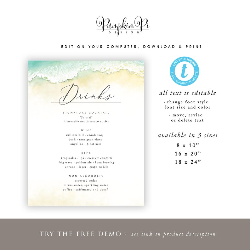 Beach Wedding Drinks Menu Template, Bar Menu, Drinks Menu, Beach ...