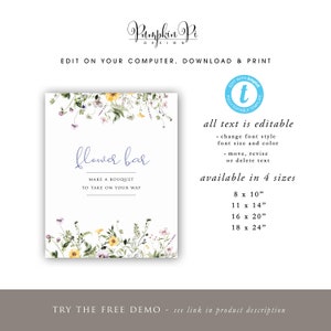 Wildflower Floral Flower Bar Sign Template, Bridal Shower Flower ...