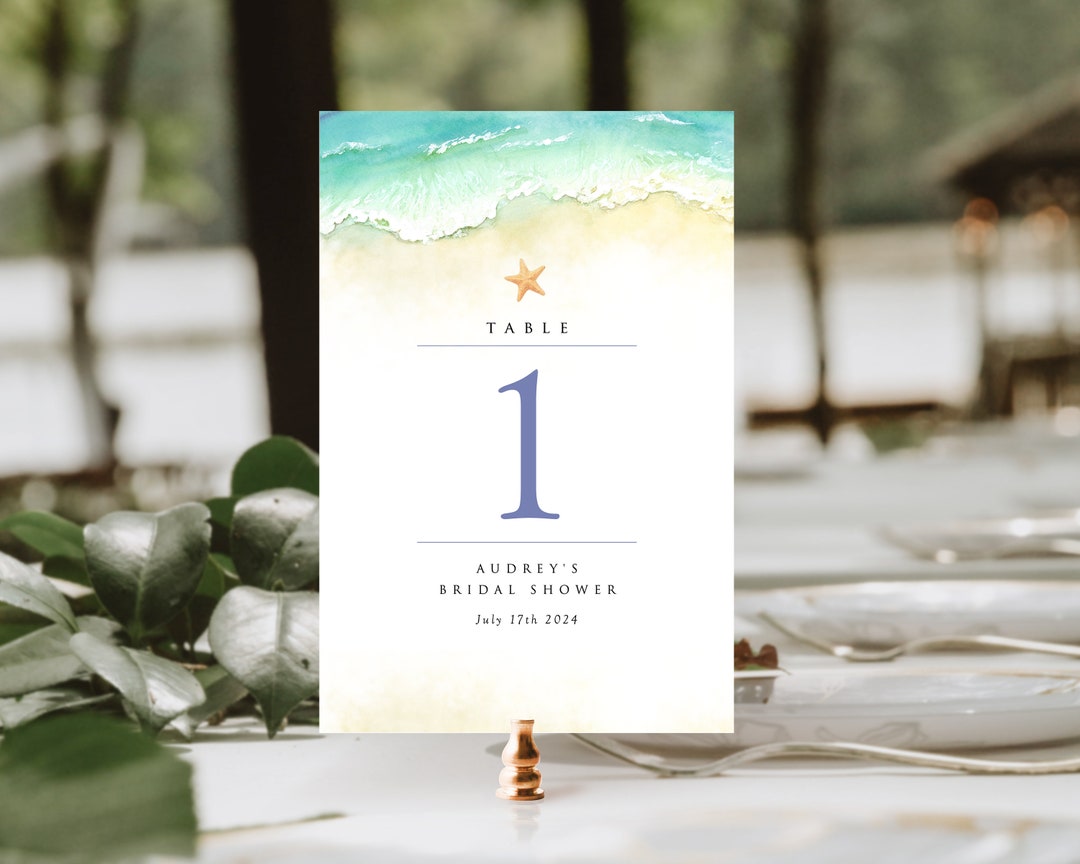 Beach Table Number Template, Beach, Starfish, Ocean Waves, Edit in ...