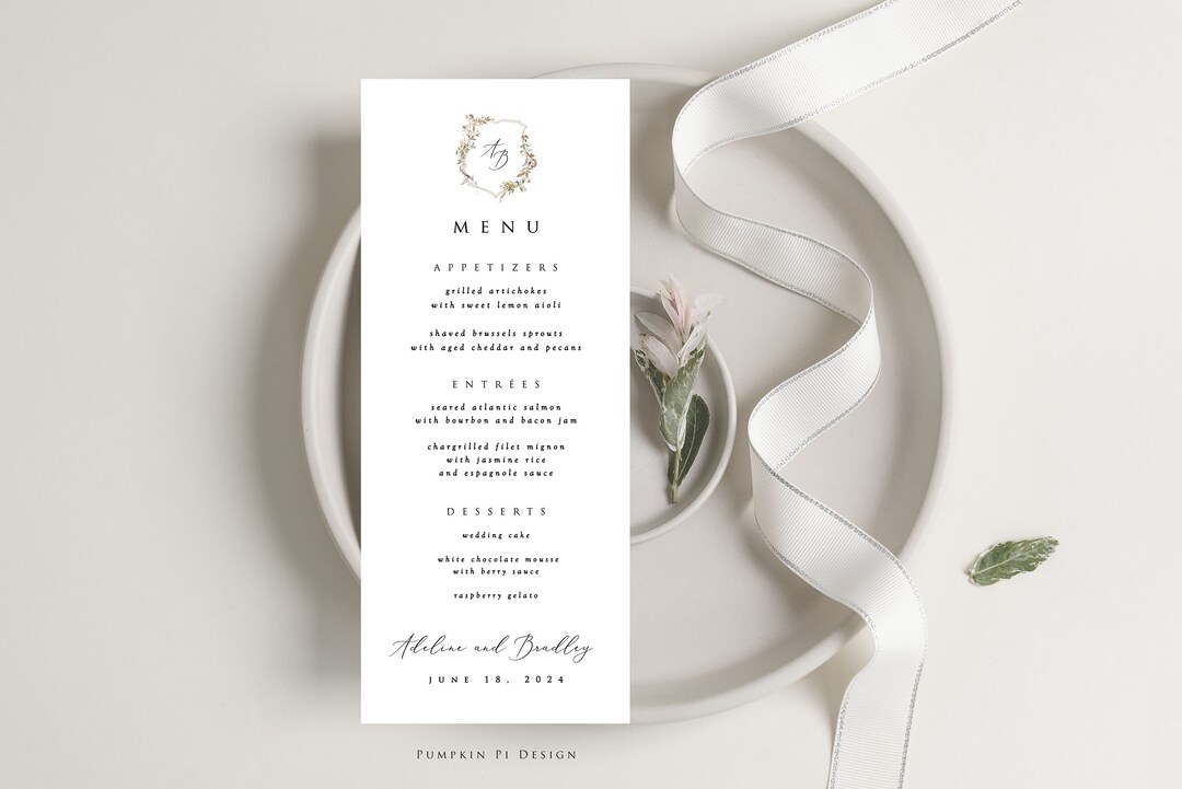 Monogrammed Wedding Menu Template, Edit in Templett, Wildflower Crest ...