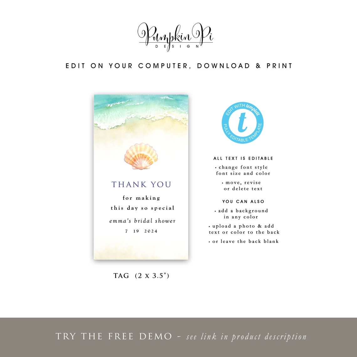 Sea Shell and Beach Favor Tag Template Edit in Templett - Etsy