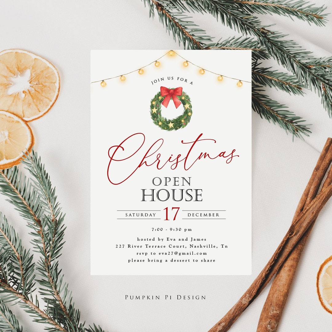 Christmas Open House Invitation Template, Open House Invitation With Holiday Wreath, Edit in ...