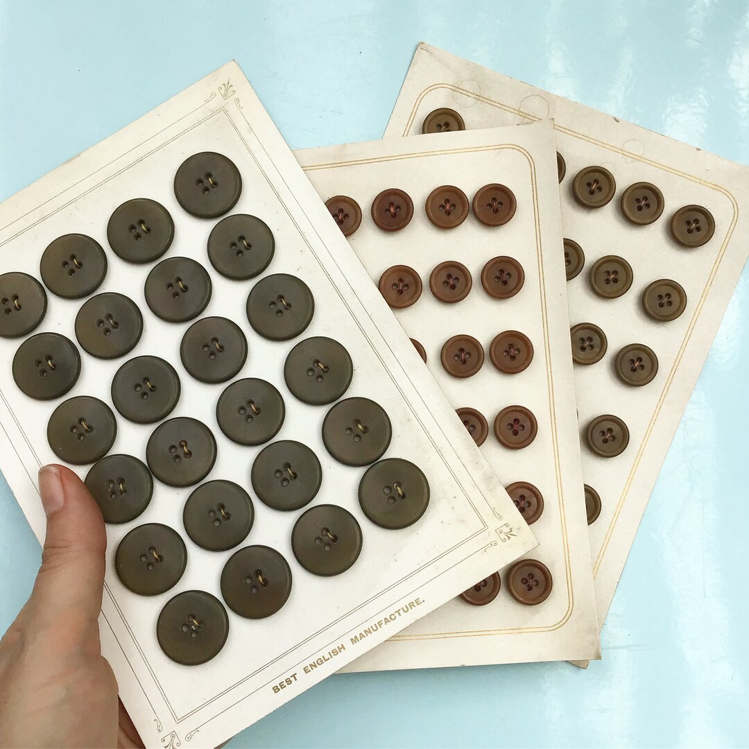 Trio of Vintage Button Sets on Original Cards in Khaki and Fawn Colours ...