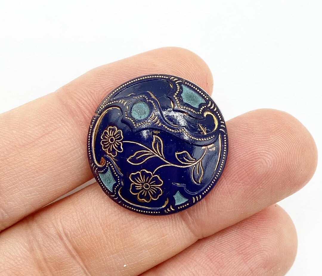 Antique Button in Cobalt Blue Glass With Gilded Floral Detail. - Etsy