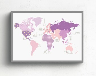 Girls world map poster pink baby girls room decor nursery | Etsy