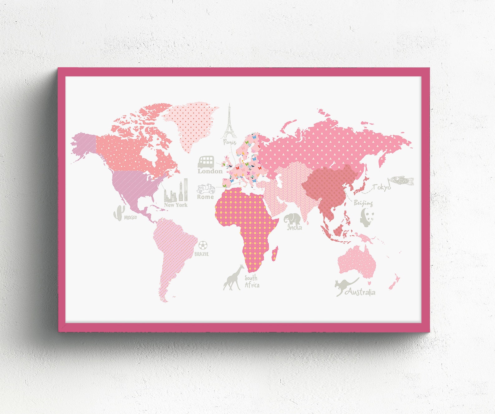 Girls World Map Poster Pink, Baby Girls Room Decor, Nursery Prints ...