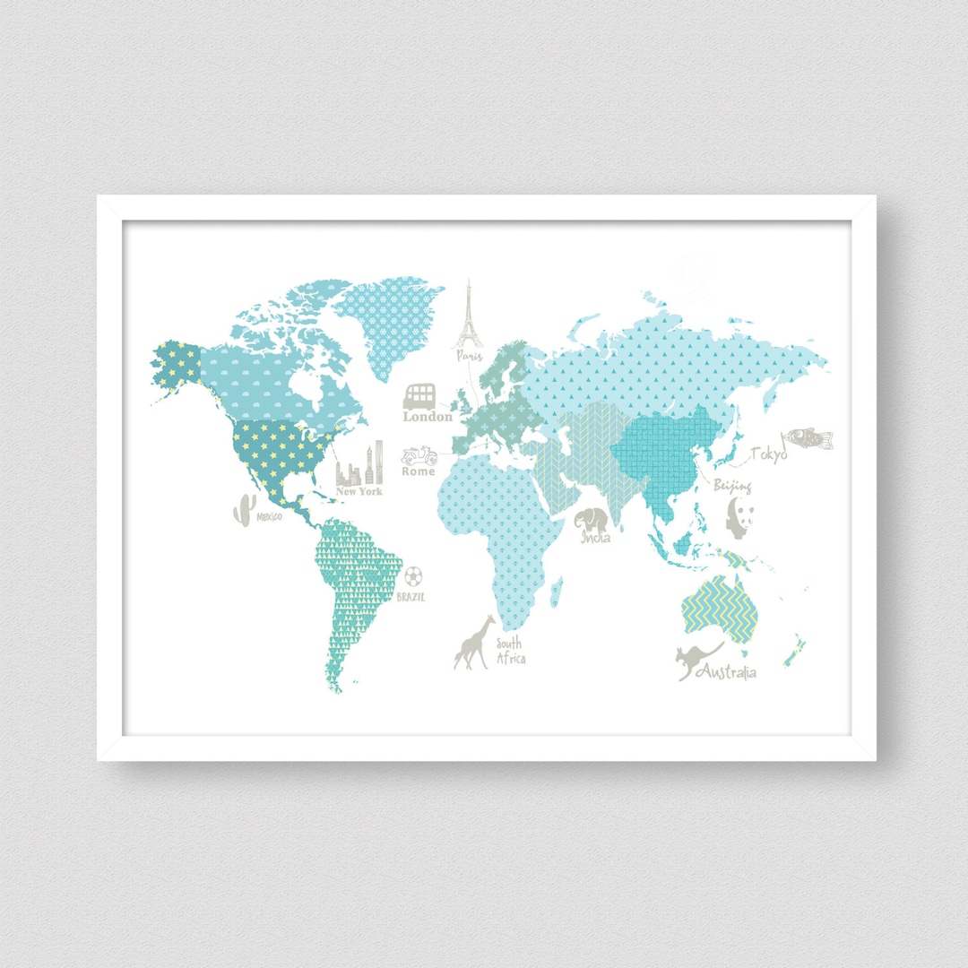 Children's World Map, World Map Poster, Teal Wall Art, Boy Room Decor ...