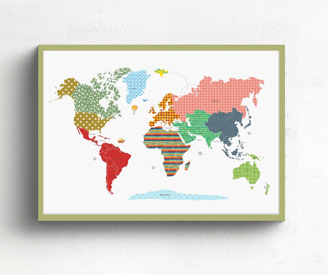 Kids World Map With Countries, Large Kids World Map Poster, Nursery ...