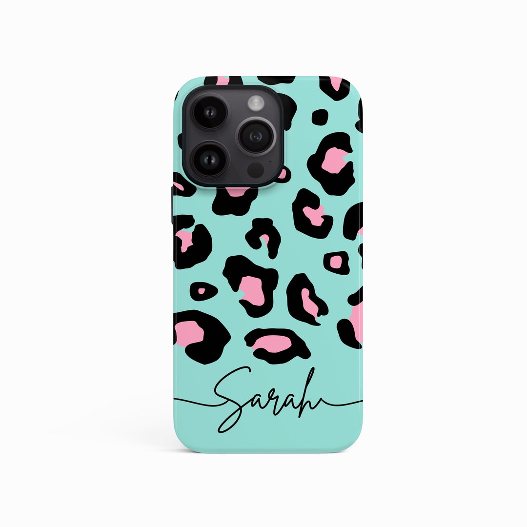 Light Blue Pink Leopard Print Case for iPhone 15, 14, 13, Personalised ...