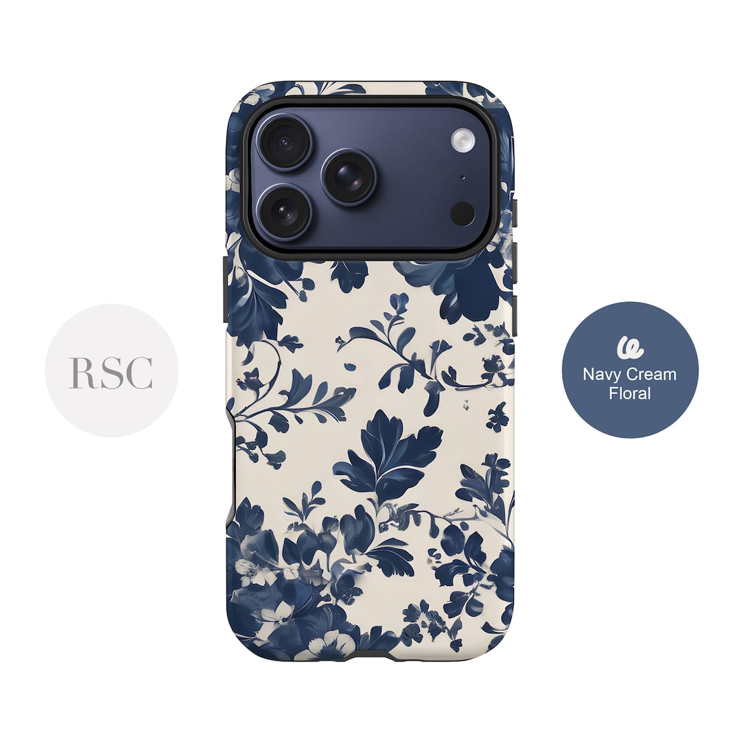 Navy Blue Floral iPhone Case: Cream Flower Art Toile Pattern Samsung ...