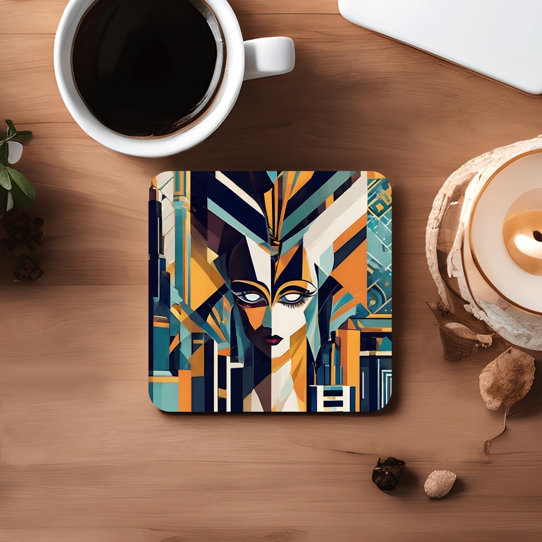 Art Deco Coaster Set, 4 X Colourful Abstract Portrait Art Coffee Drink ...