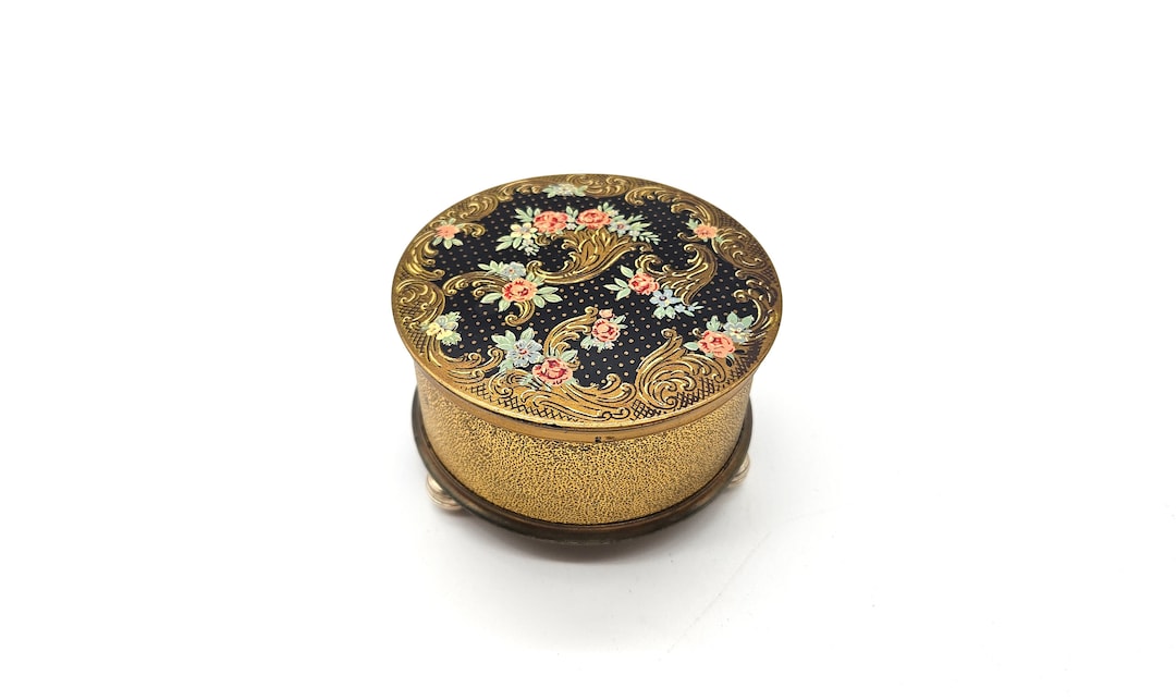 Kigu Vintage Musical Powder Compact, Gold and Black With Pink Roses ...