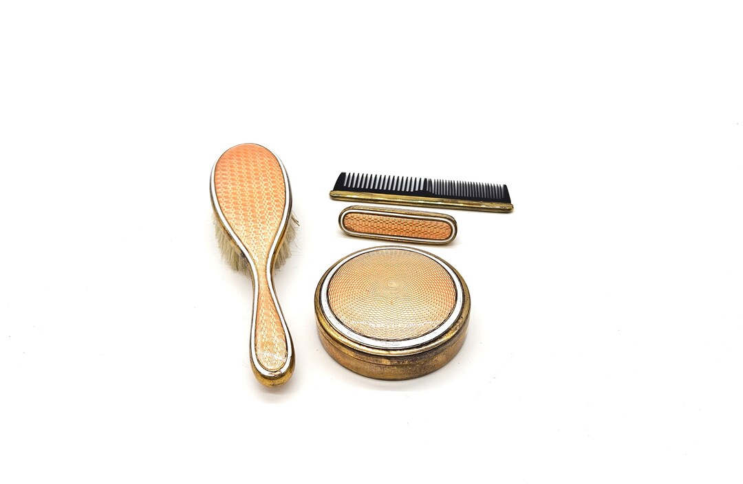 Art Deco Coral Pink Guilloche Dressing Table Vanity Set, Brass Tone ...