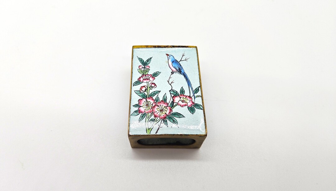 Vintage Enamel on Brass Matchbox Cover, Enamelled Bird and Flowers ...