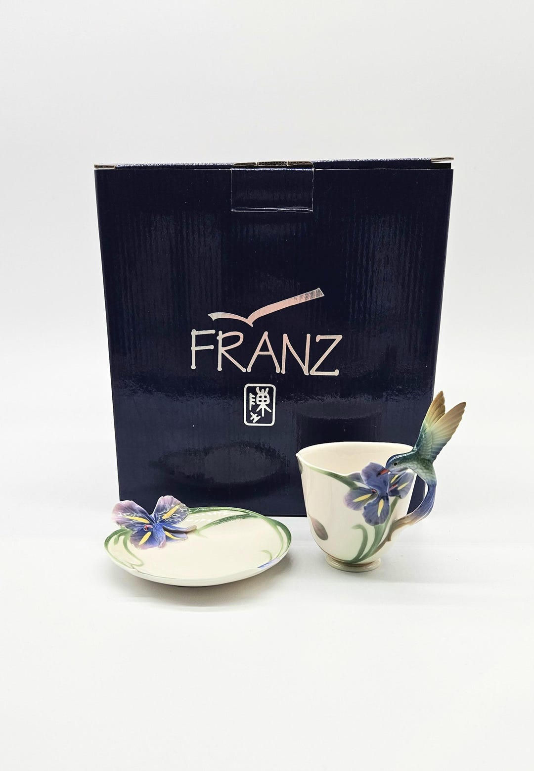 Franz Hummingbird and Blue Iris Teacup and Saucer, Floral Porcelain, 3D ...
