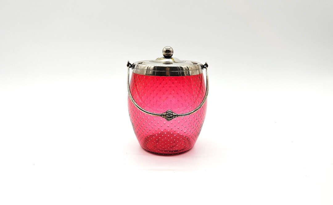 Vintage Red Bubble Glass and EPNS Biscuit Barrel, Strawberry Glass ...