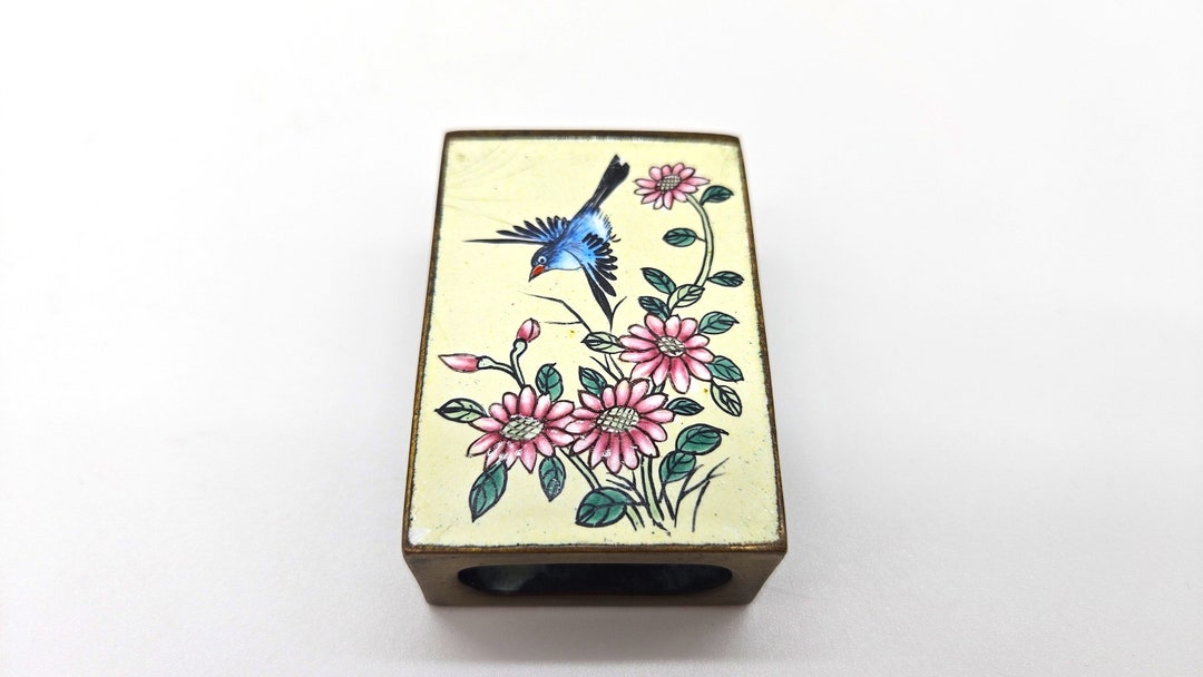 Vintage Enamel on Brass Matchbox Cover, Enamelled Bird and Flowers ...