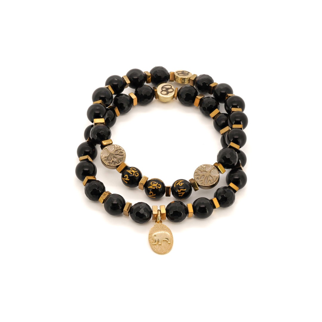Onyx Stone Mantra Beaded Elephant Charm Bracelet Set - Etsy