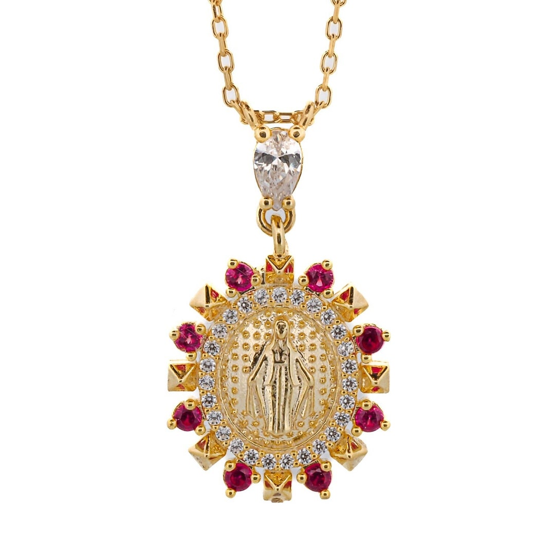 Ruby & Diamond Virgin Mary Pendant Gold Chain Necklace - Etsy