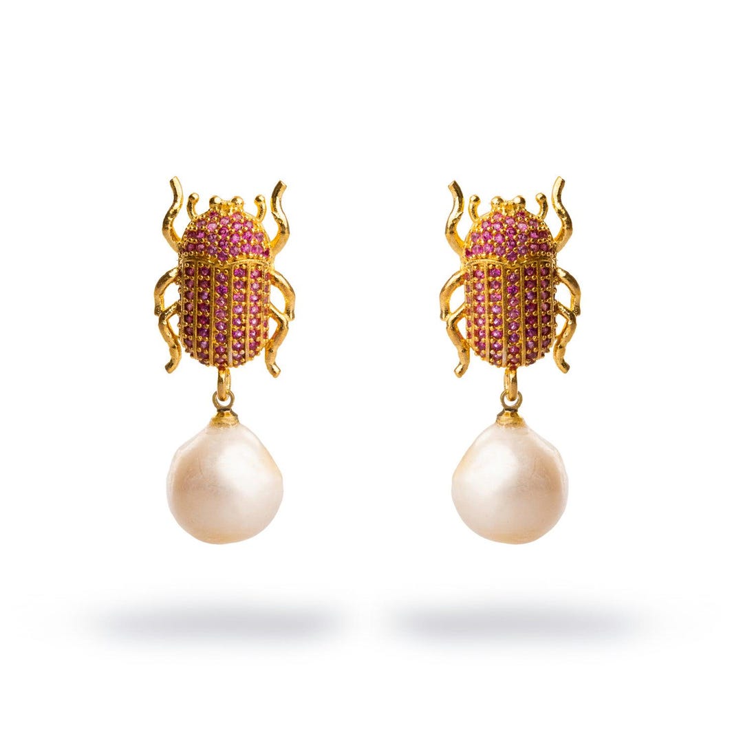 Egyptian Scarab Ruby & Pearl Dangle Mystic Earrings - Etsy