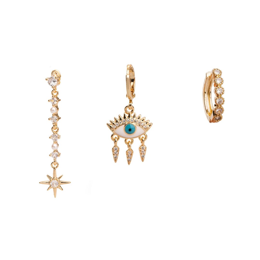 Guidance Star Evil Eye & Diamond Hoop Protection Gold Trio Earring Set ...
