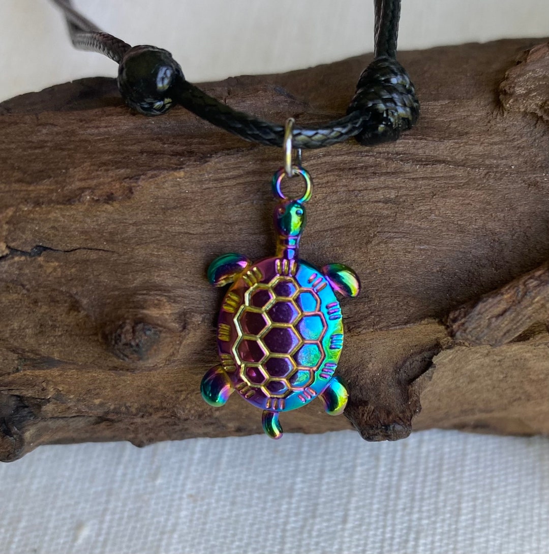 Rainbow Stainless Steel Turtle Pendant Black Adjustable Cord Necklace ...