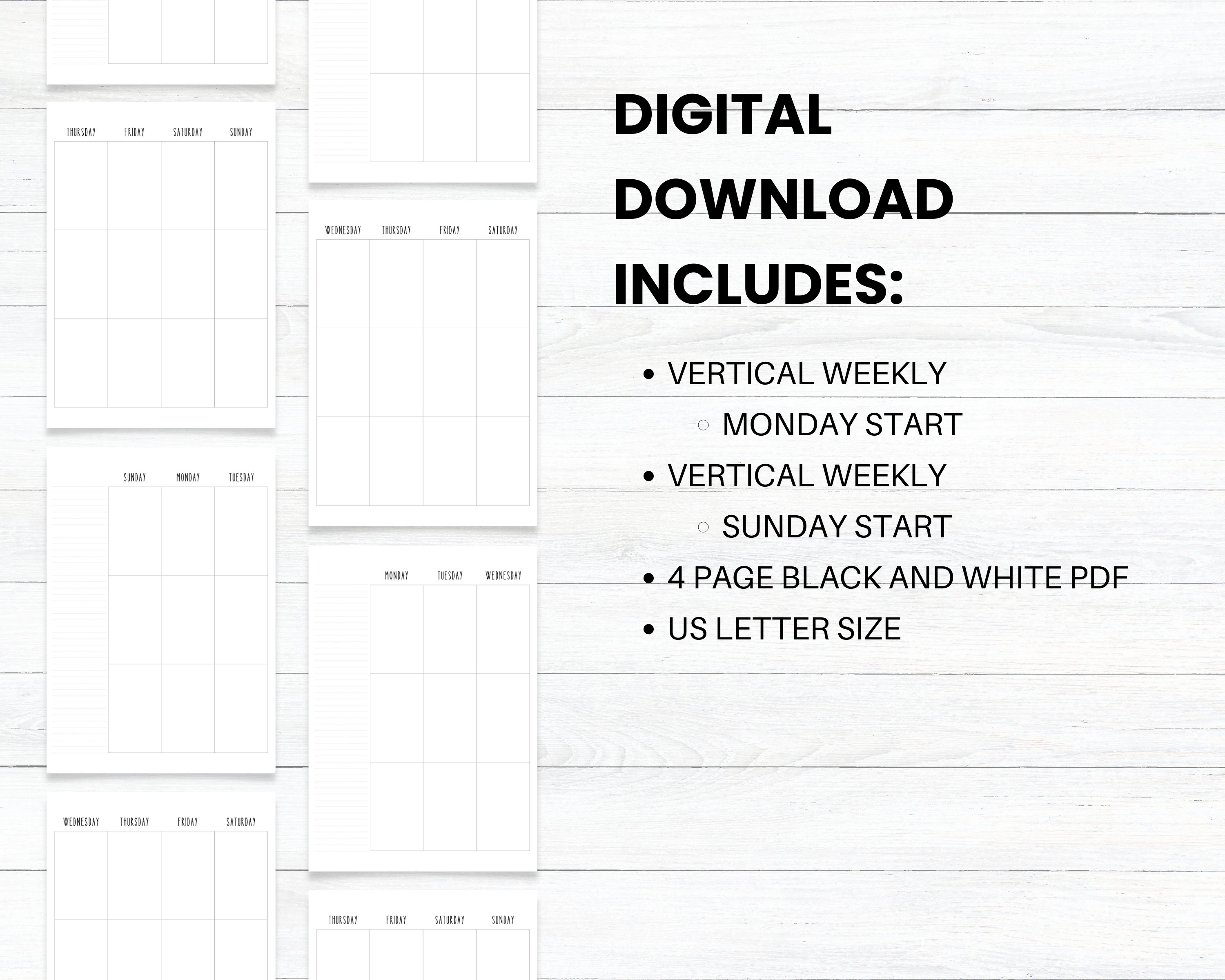 PRINTABLE Planner Vertical Weekly Layout, Monday Start, Sunday Start ...
