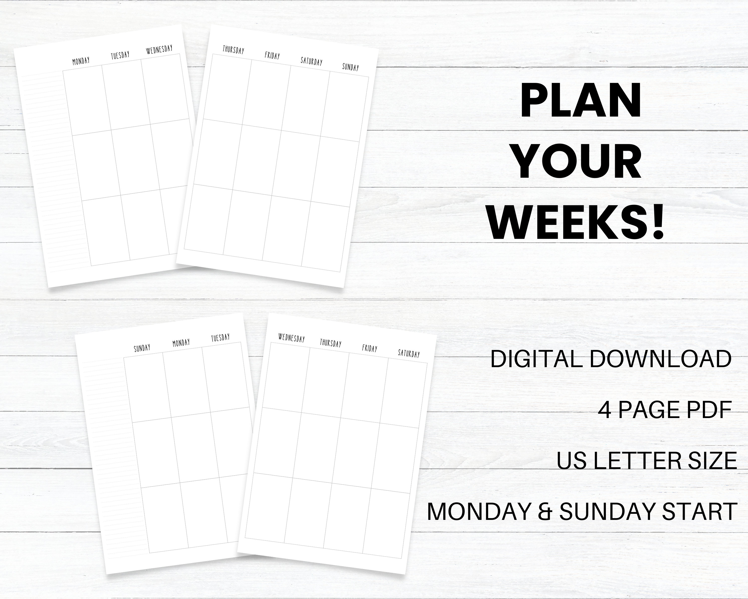 PRINTABLE Planner Vertical Weekly Layout, Monday Start, Sunday Start ...