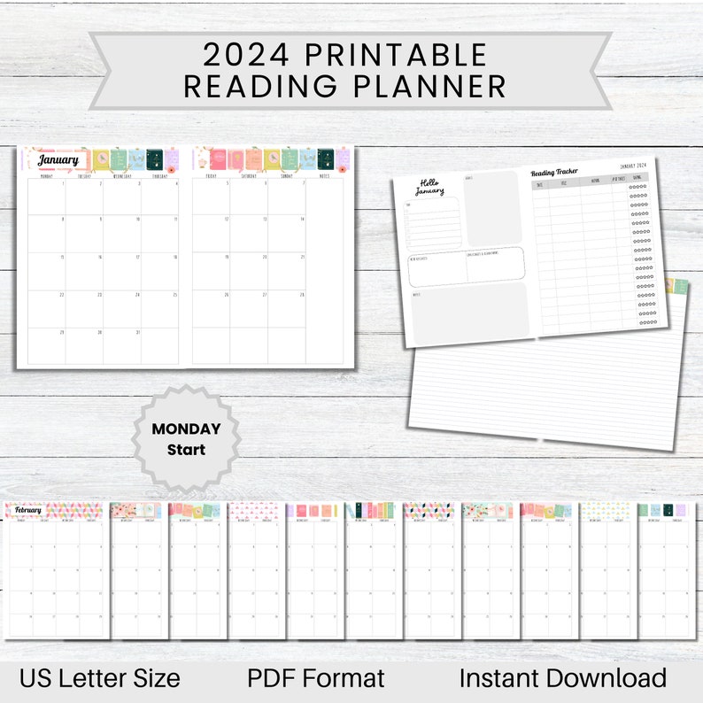 PRINTABLE 2024 Reading Planner, MONDAY Start, Book Tracker, Journal for ...