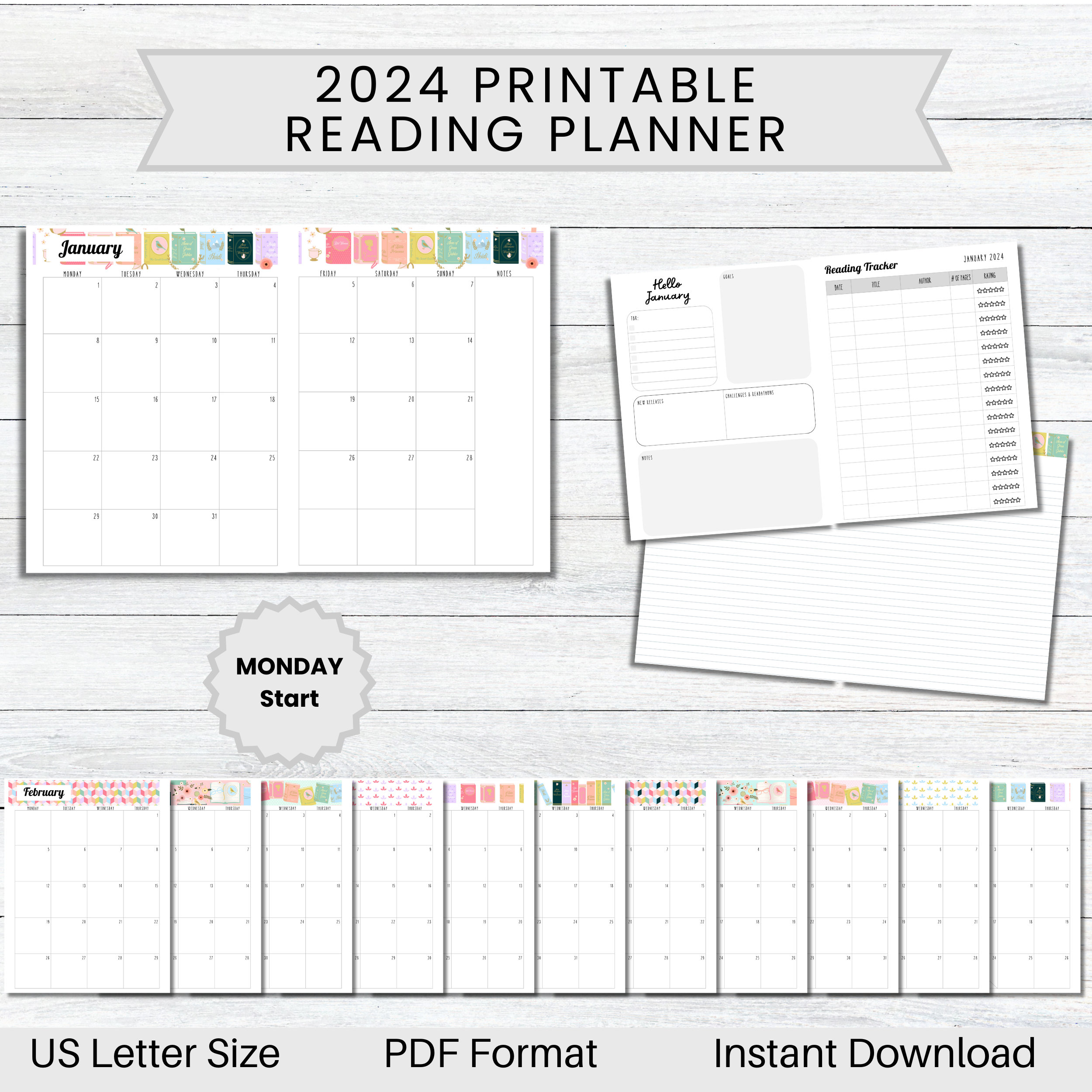 PRINTABLE 2024 Reading Planner, MONDAY Start, Book Tracker, Journal for ...