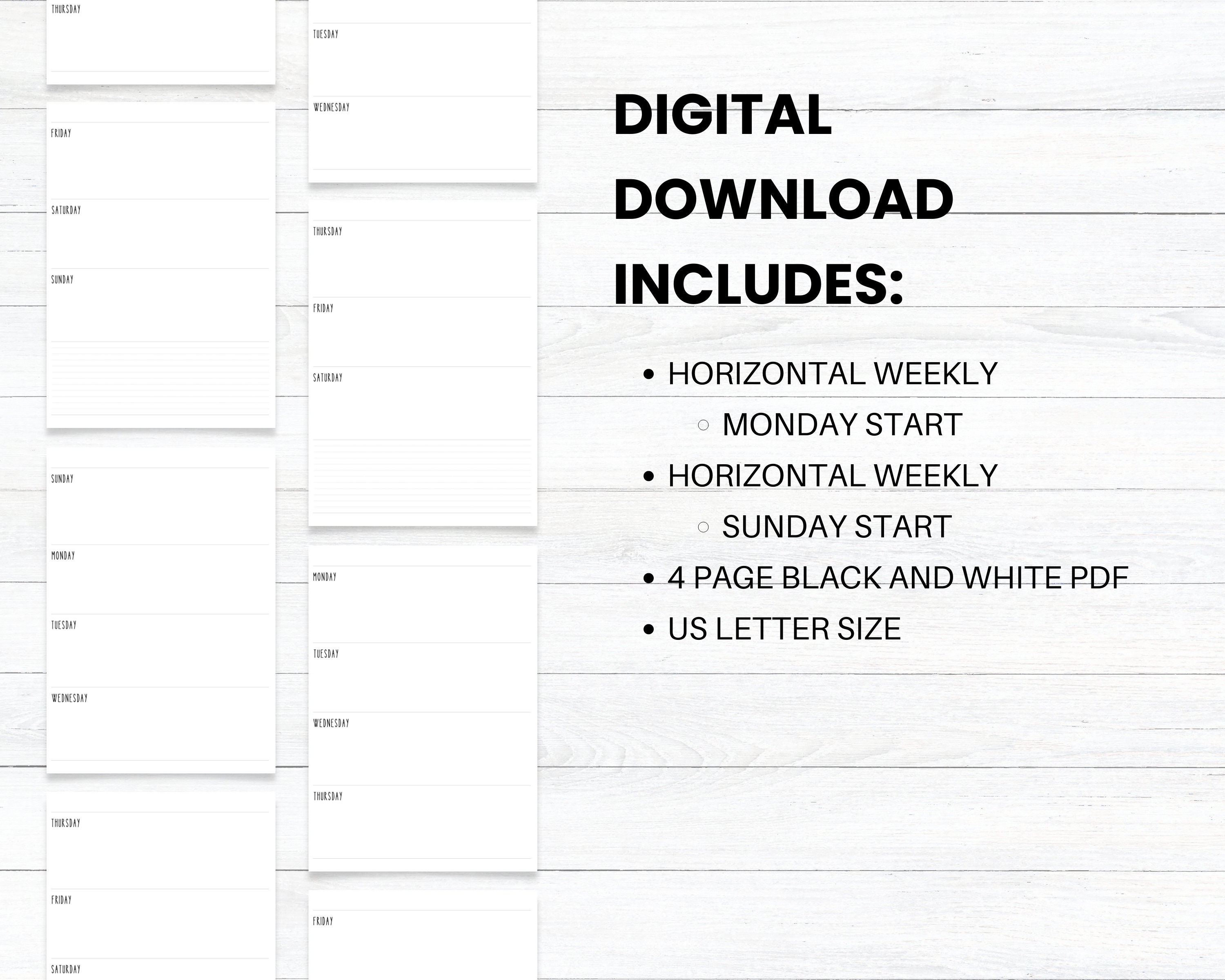 PRINTABLE Planner Horizontal Weekly Layout, Monday Start, Sunday Start ...