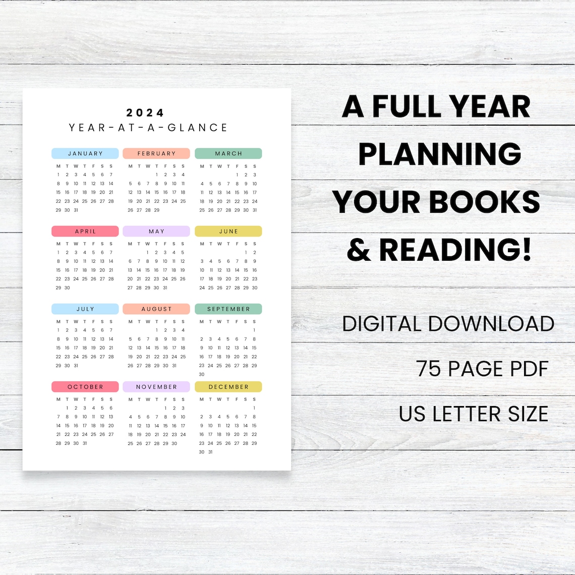 PRINTABLE 2024 Reading Planner, MONDAY Start, Book Tracker, Journal for ...