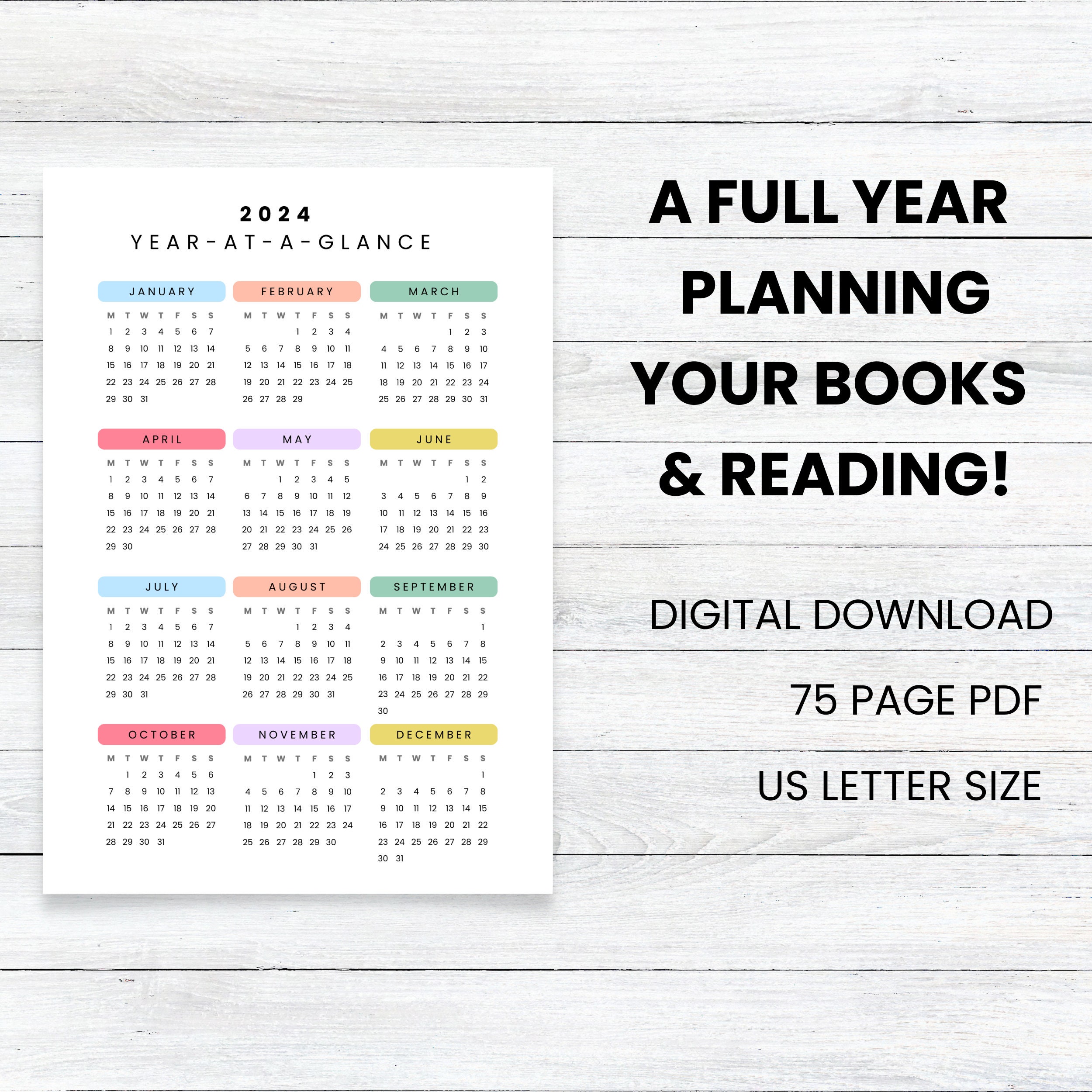 PRINTABLE 2024 Reading Planner, MONDAY Start, Book Tracker, Journal for ...
