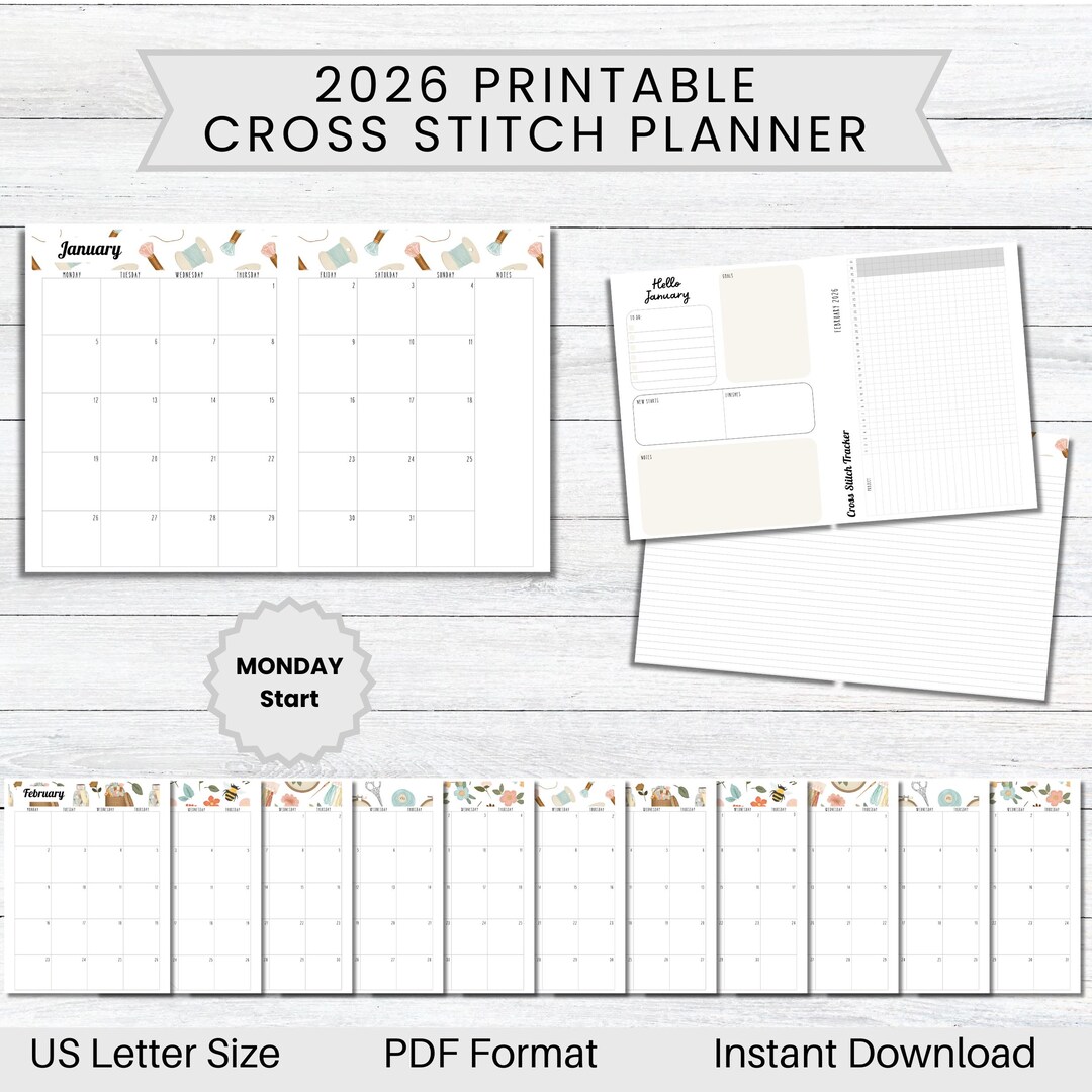 PRINTABLE 2026 Vintage Stitching Cross Stitch Planner, MONDAY Start ...
