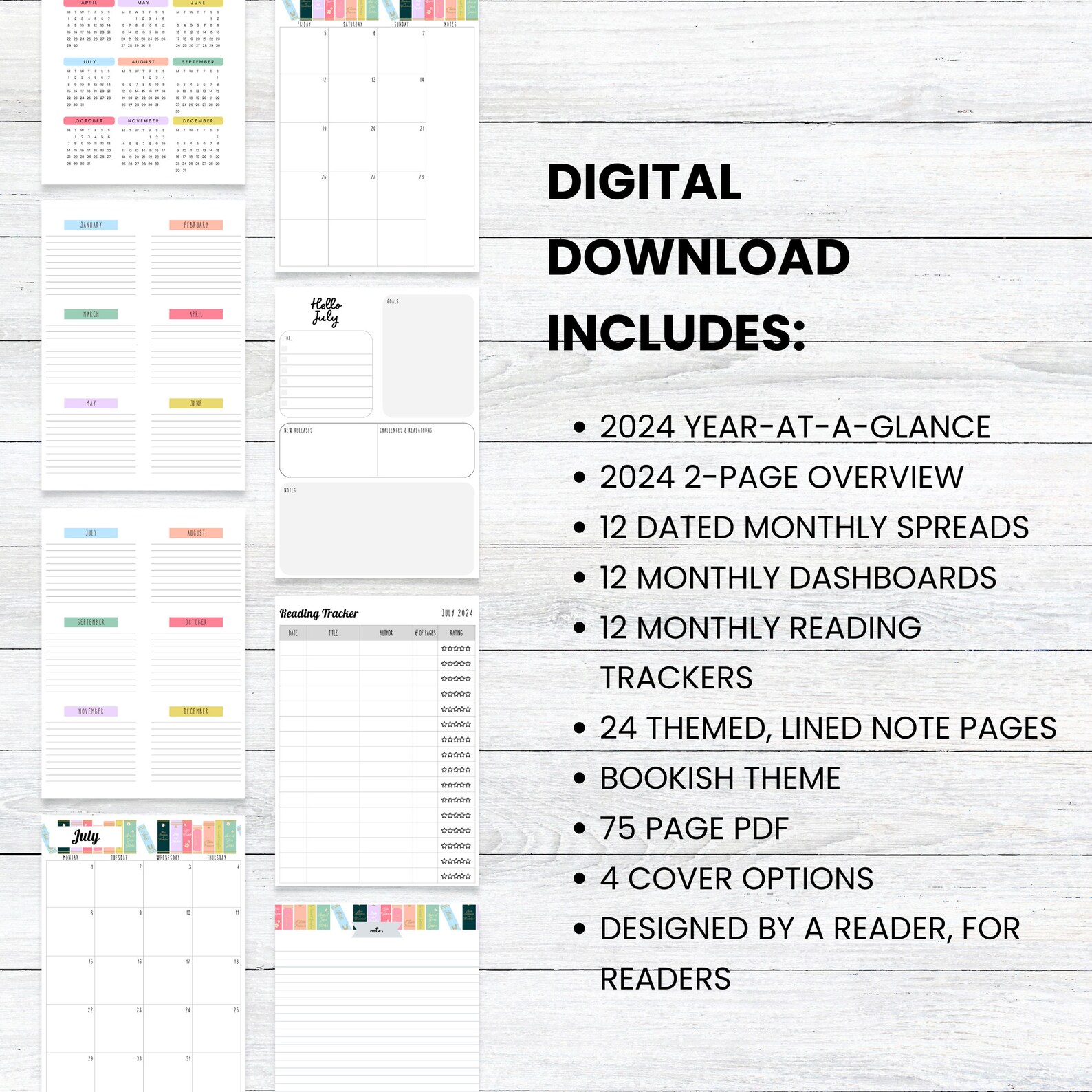 PRINTABLE 2024 Reading Planner, MONDAY Start, Book Tracker, Journal for ...
