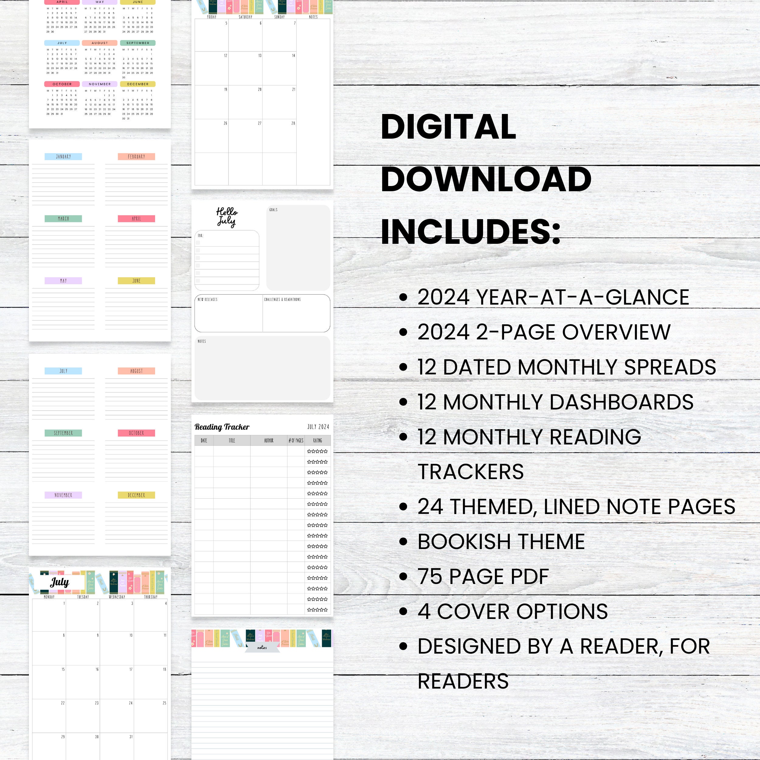 PRINTABLE 2024 Reading Planner, MONDAY Start, Book Tracker, Journal for ...