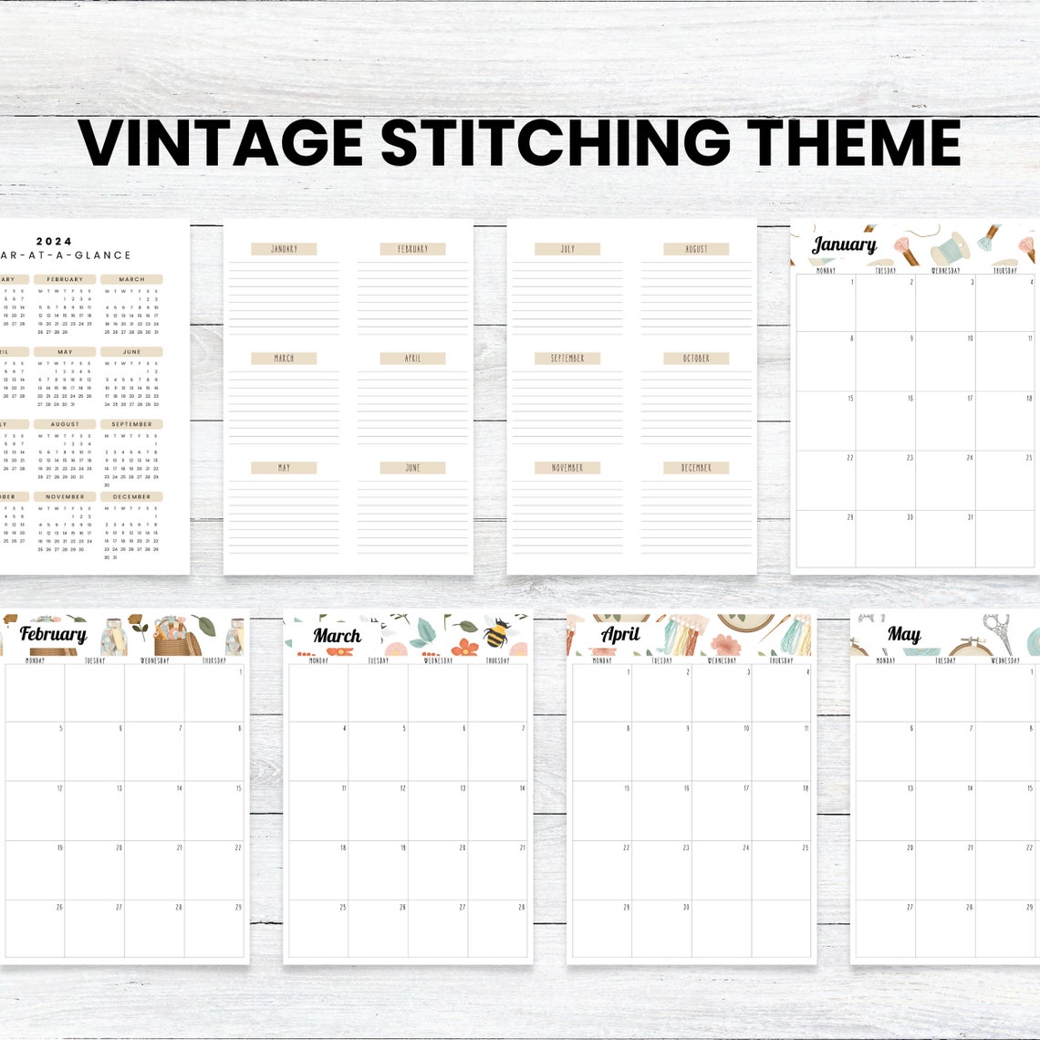 PRINTABLE 2024 Vintage Stitching Cross Stitch Planner, MONDAY Start ...