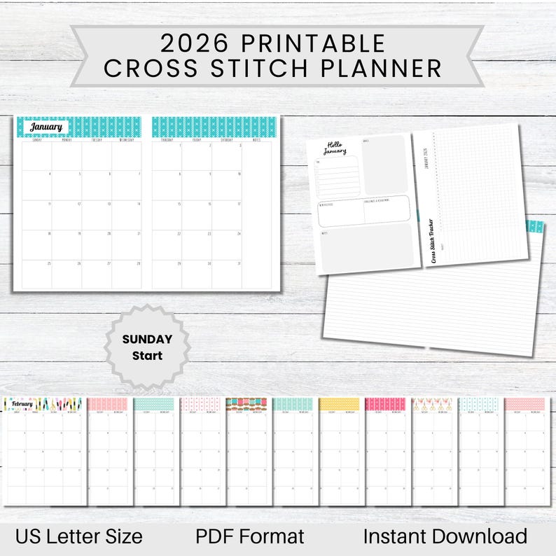 PRINTABLE 2026 Cross Stitch Planner, SUNDAY Start, Stitching Tracker ...