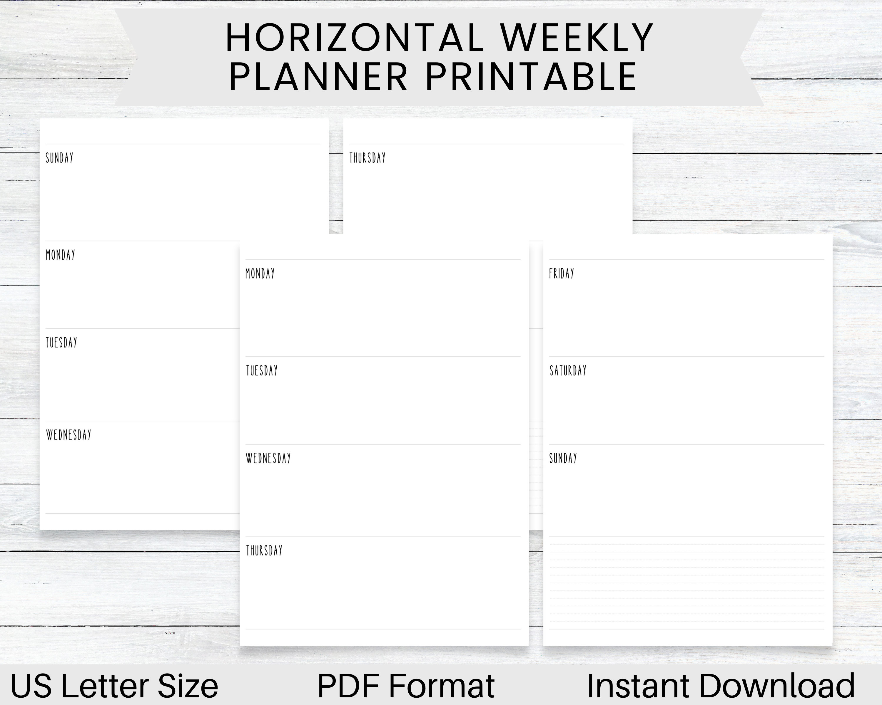 PRINTABLE Planner Horizontal Weekly Layout, Monday Start, Sunday Start ...