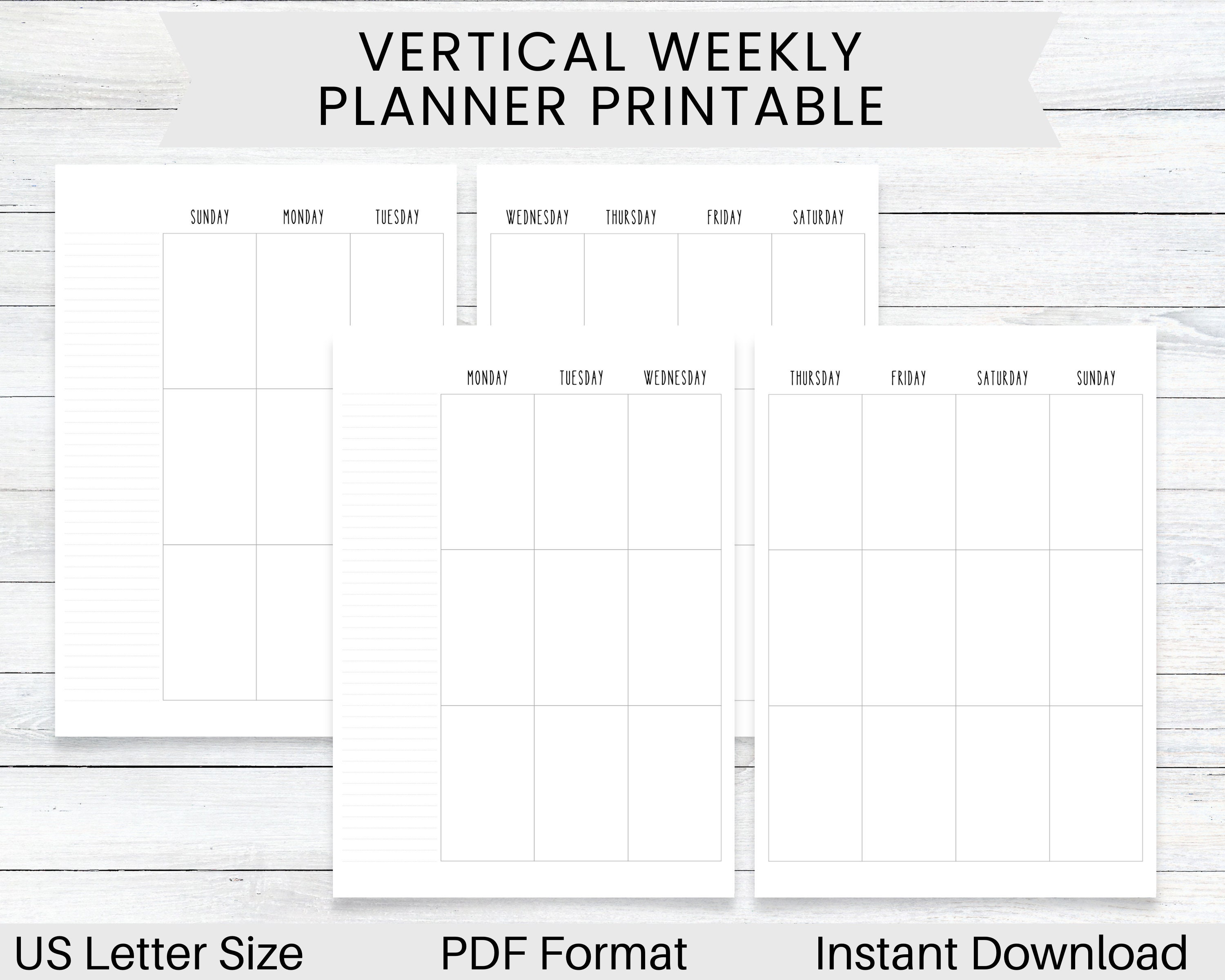 PRINTABLE Planner Vertical Weekly Layout, Monday Start, Sunday Start ...