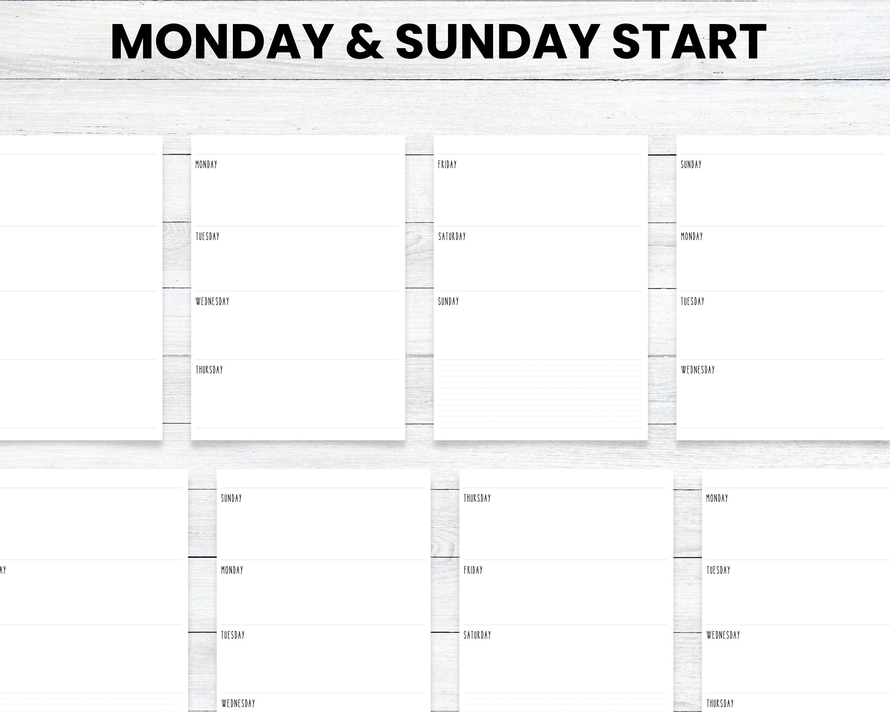 PRINTABLE Planner Horizontal Weekly Layout, Monday Start, Sunday Start ...