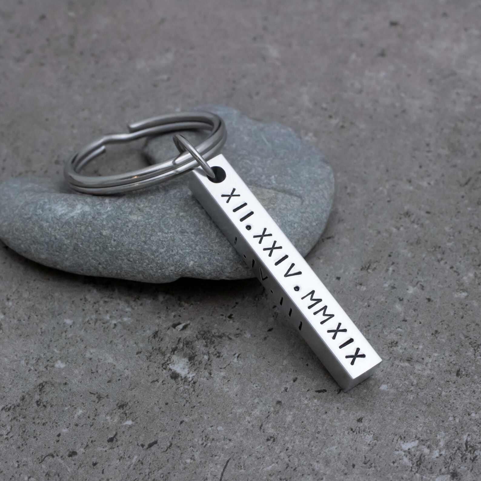 Roman Numeral Dates Hand Stamped Bar Key Chain Personalized Father's ...