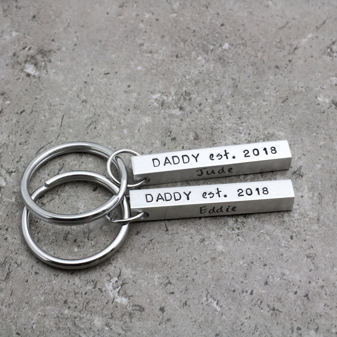 Kids Names Key Chain for Dad Daddy Established Hand Stamped Bar ...