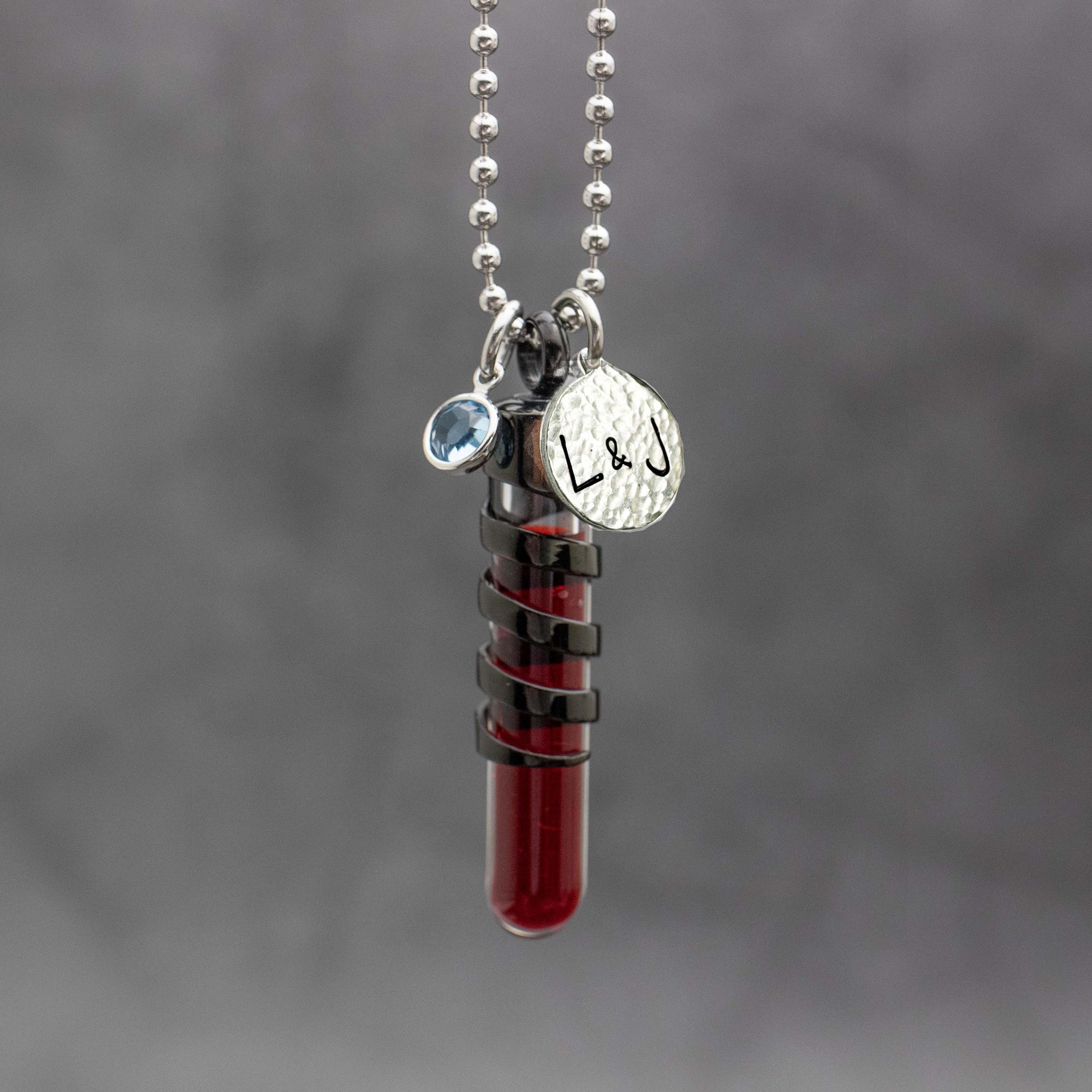 Blood Vial Necklace Personalized With Initials Crystal Of Your Anniversary Month Fill With Ocean Water Lake Water Sand Honeymoon Keepsake Etsy