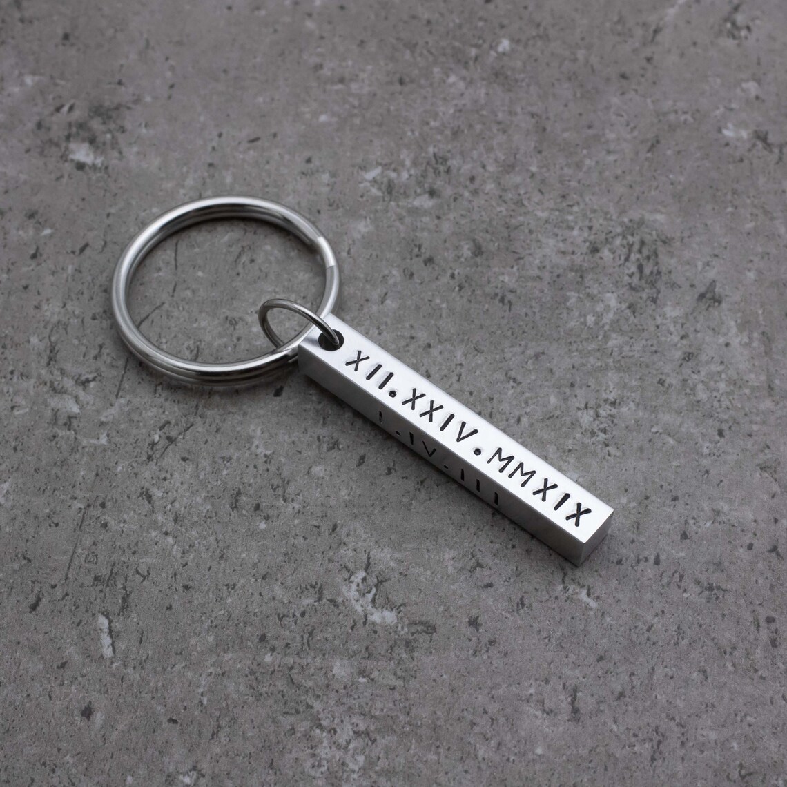 Roman Numeral Dates Hand Stamped Bar Key Chain Personalized Father's ...