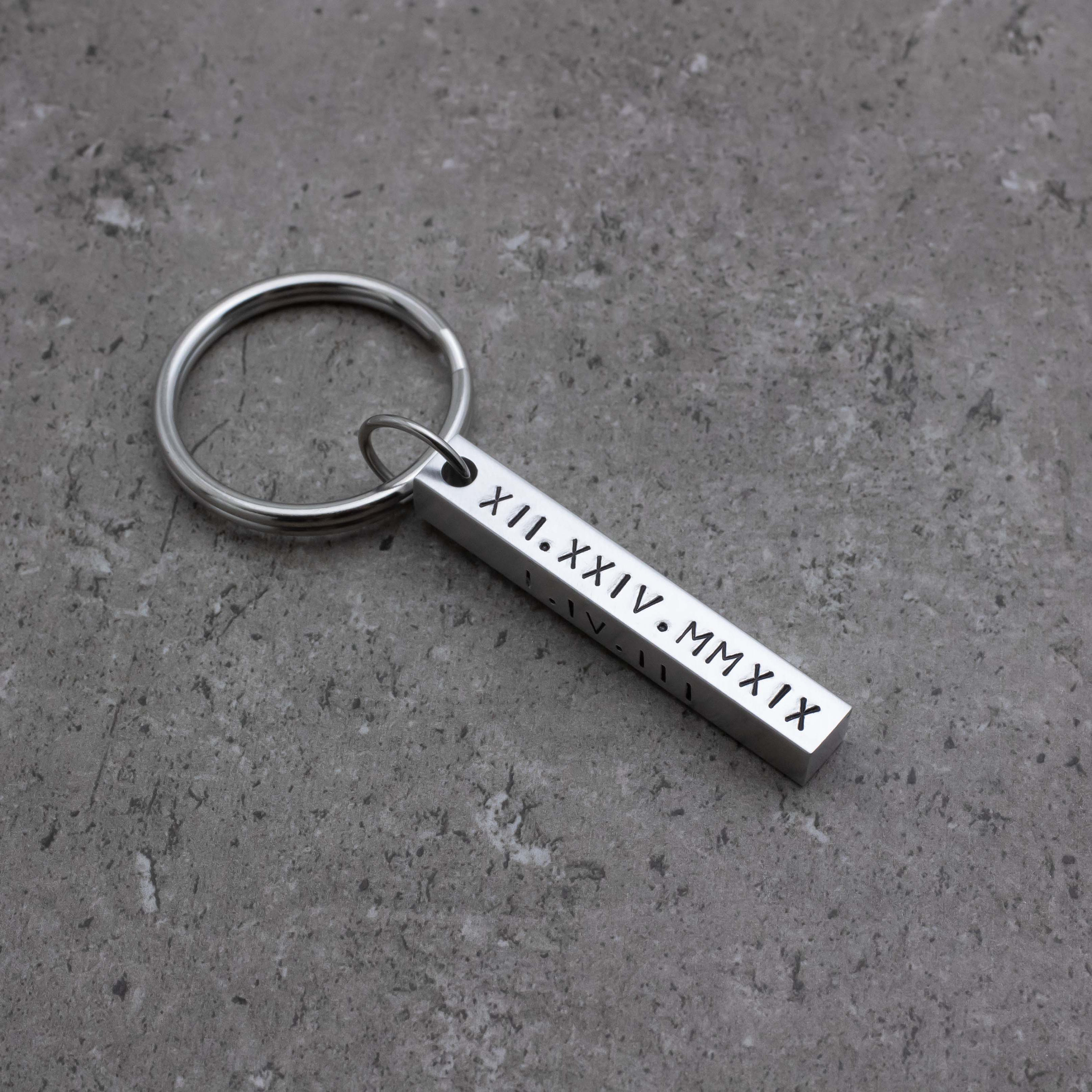 Roman Numeral Dates Hand Stamped Bar Key Chain Personalized Father's ...